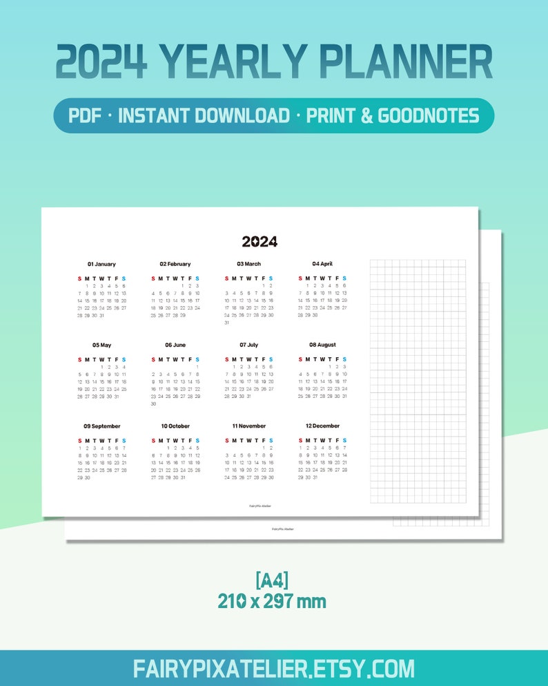 2024 A4 Printable Yearly Planner Simple Digital Download PDF Template ...