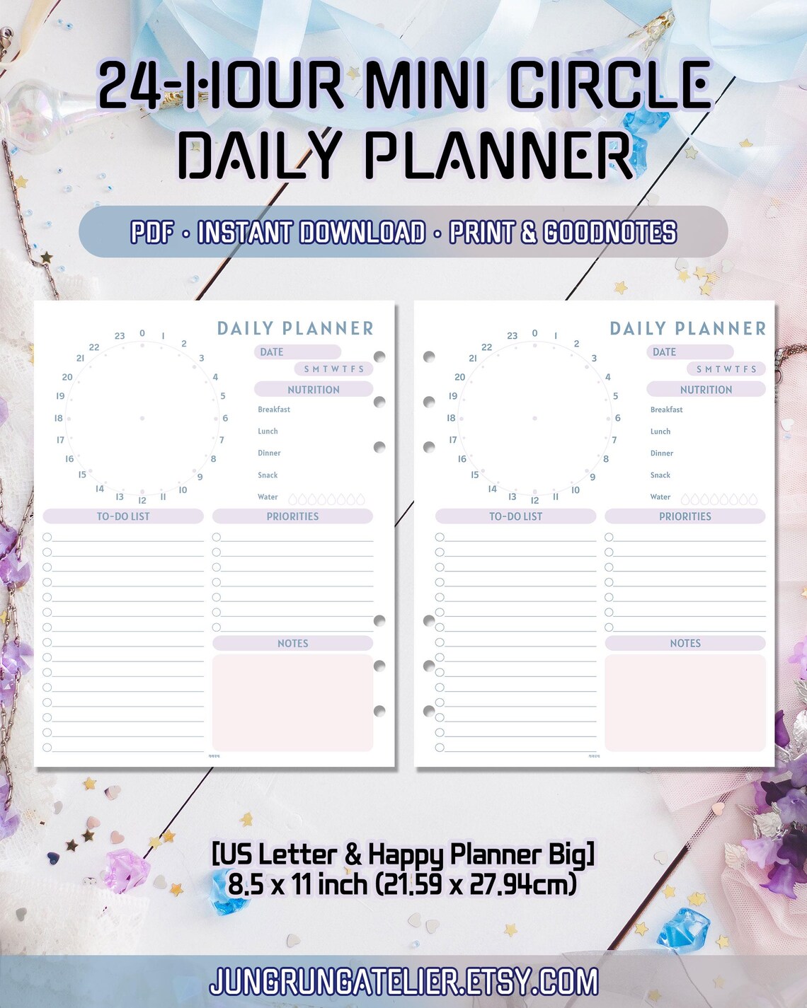 Simple 24 Hour Circle US Letter Daily Planner | Printable & Goodnotes ...