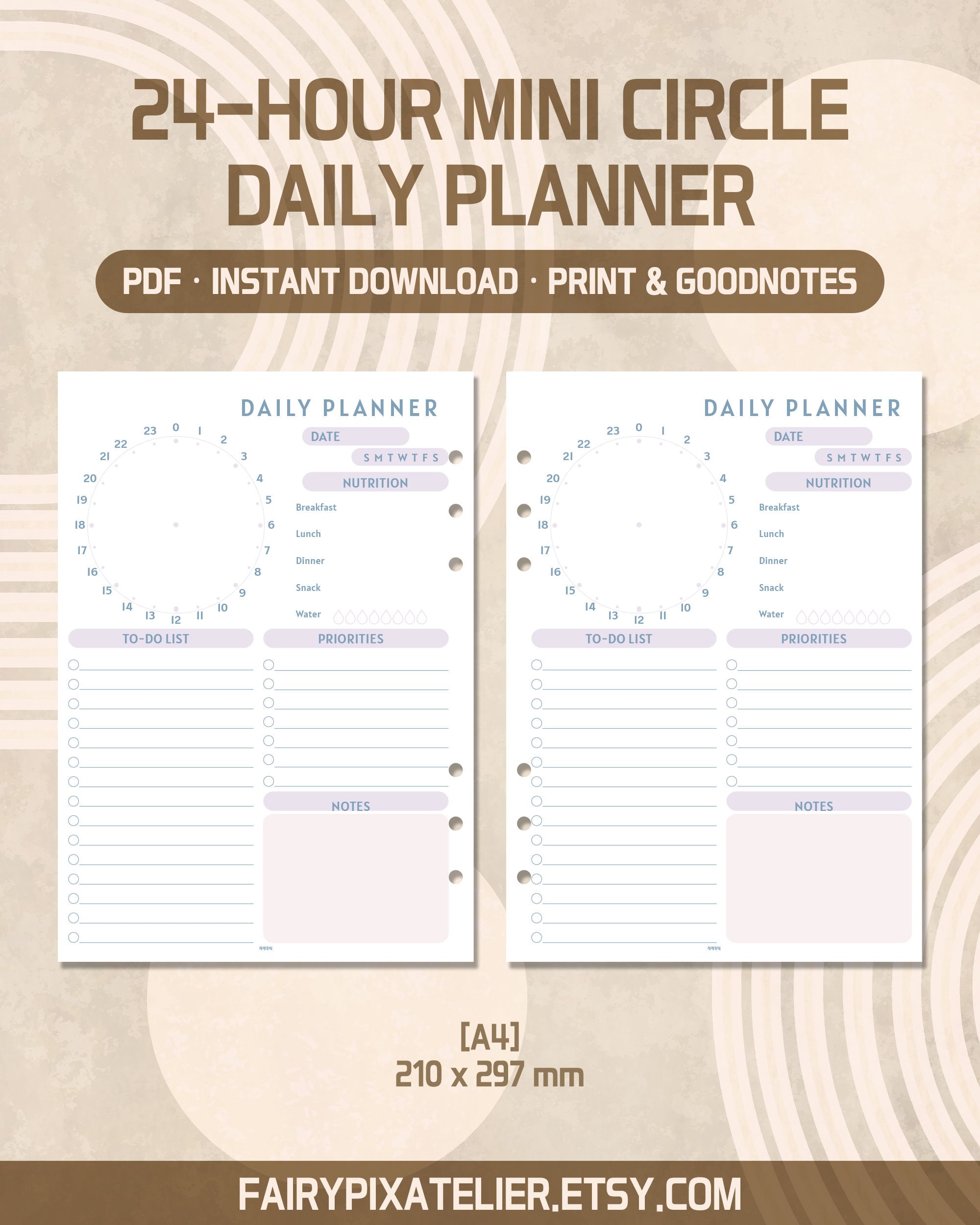 Simple 24 Hour Circle A4 Daily Planner Printable & Goodnotes Instant ...
