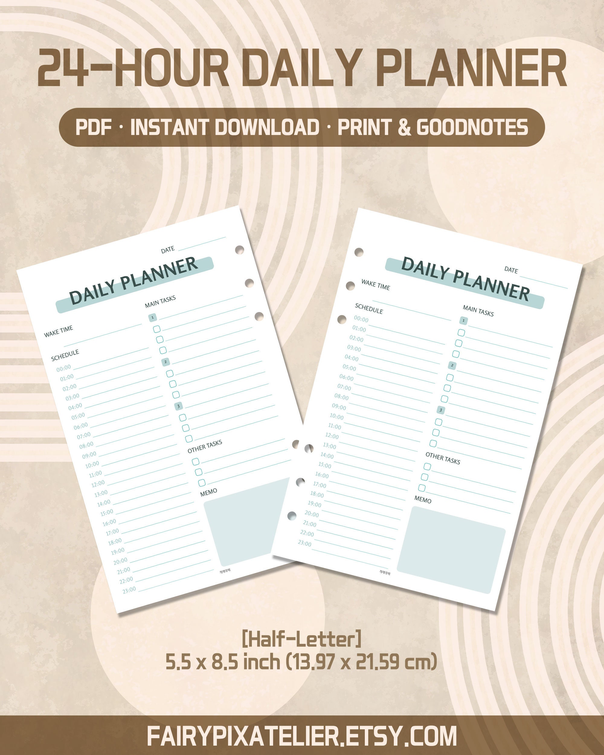 Daily 24-hour Time Tracking Half-letter Planner Printable H-letter ...