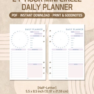 Simple 24 Hour Circle Half-letter Daily Planner Printable & Goodnotes ...