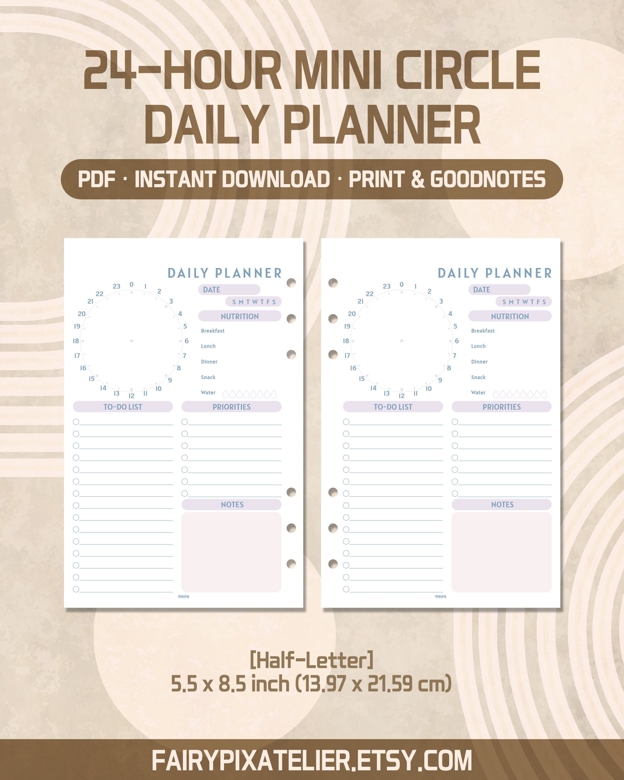 Simple 24 Hour Circle Half-letter Daily Planner Printable & Goodnotes ...