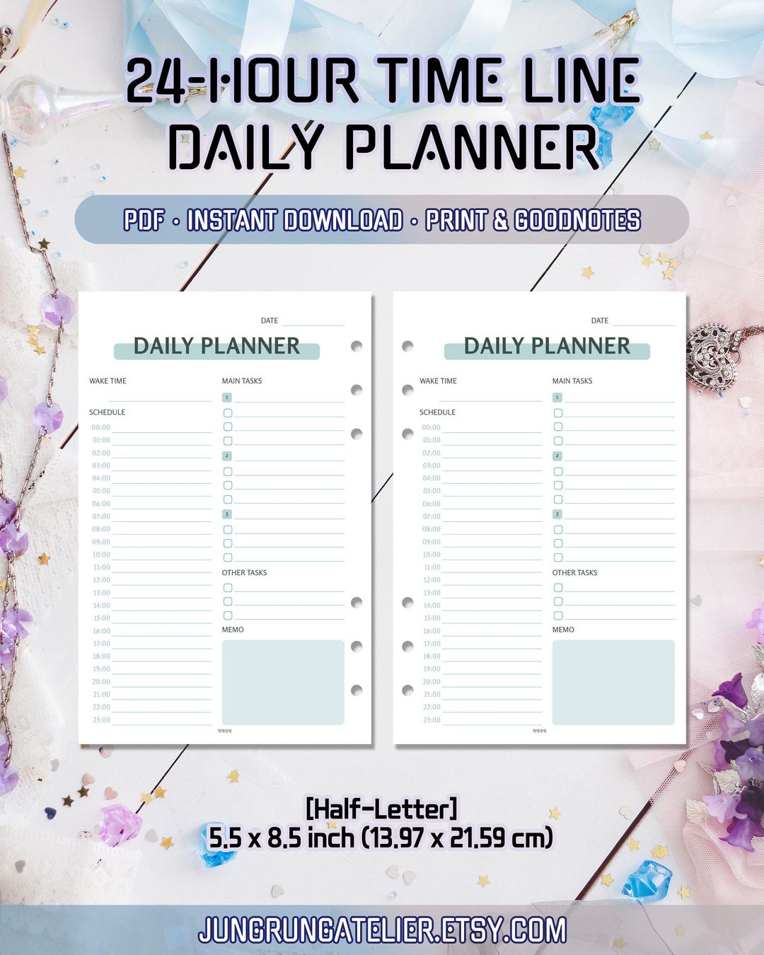 Daily 24-hour Time Tracking Half-letter Planner | Printable H-letter ...