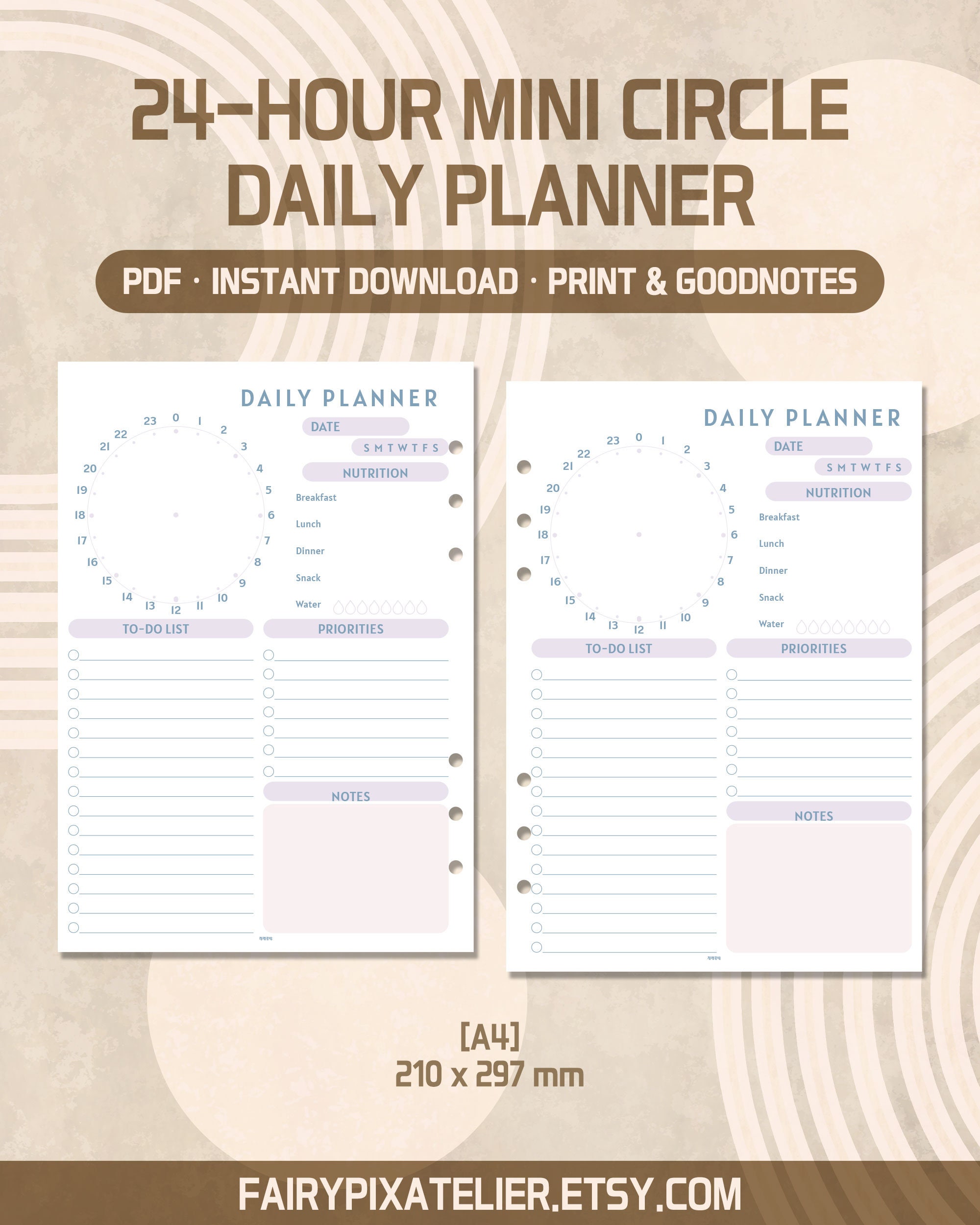 Simple 24 Hour Circle A4 Daily Planner Printable & Goodnotes Instant ...