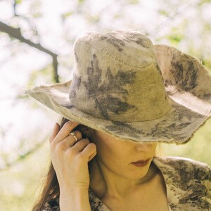 Homespun Cowgirl Hat, Rustic Hemp With Leaf Eco Print, Raw Edge Wide ...