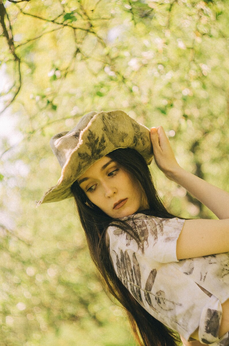 Homespun Cowgirl Hat, Rustic Hemp With Leaf Eco Print, Raw Edge Wide ...