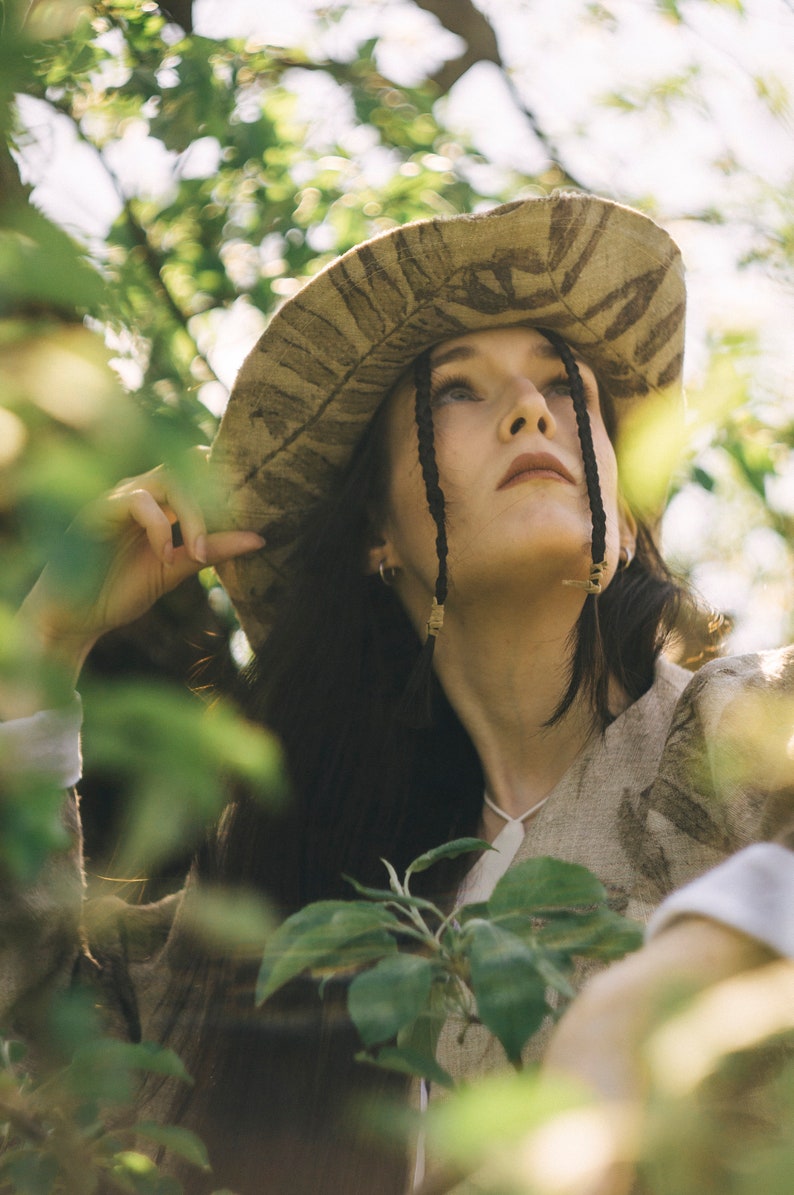 Western Boho Ecoprint Linen Hat, Rustic Homespun Hemp Sun Hat, Raw ...