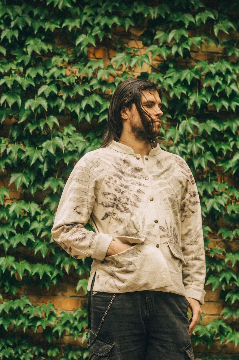 Men's Boho Bomber Jacket Eco Printed Cotton Coat Plant Dyed Statement ...