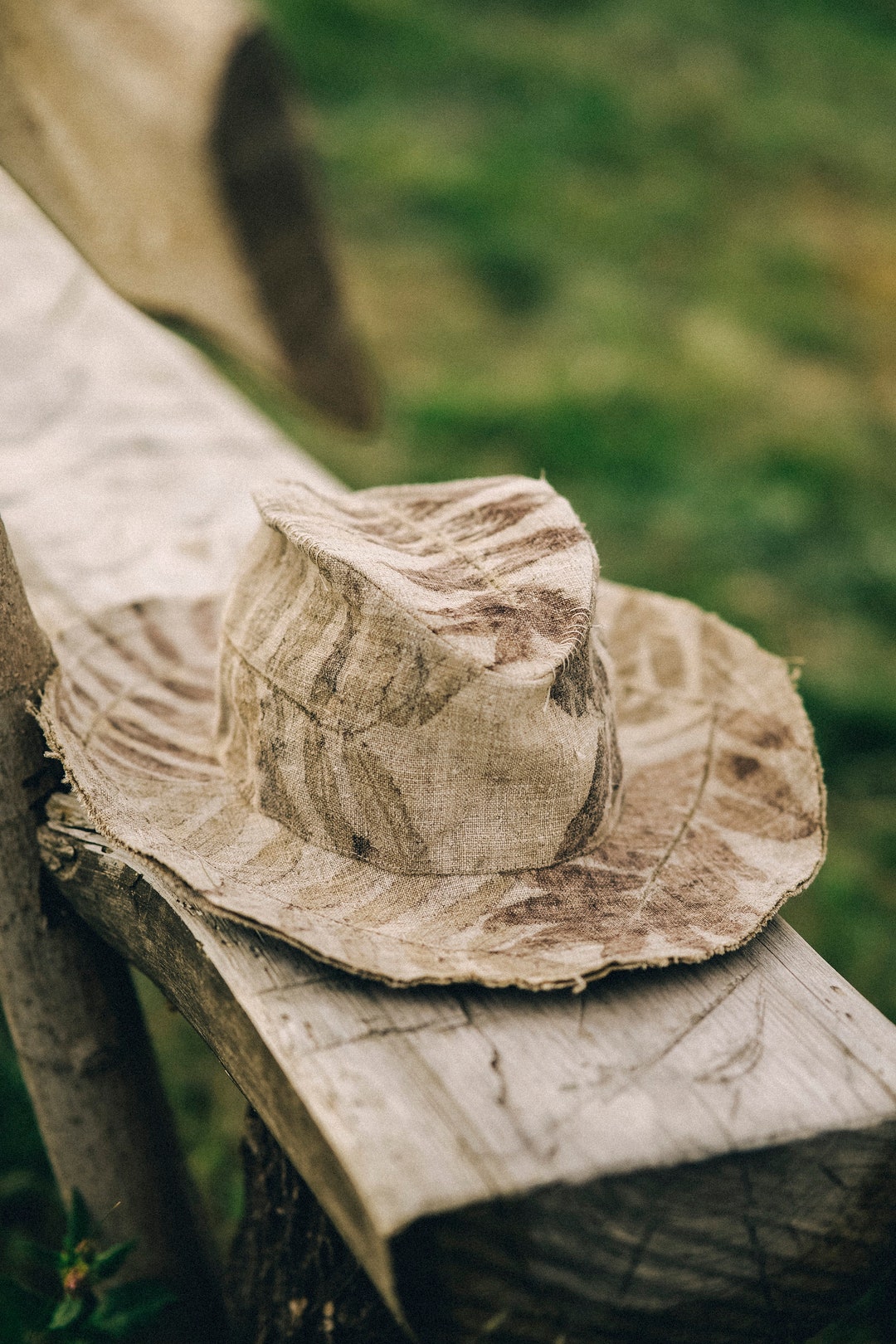 Western Boho Ecoprint Linen Hat, Rustic Homespun Hemp Sun Hat, Raw ...