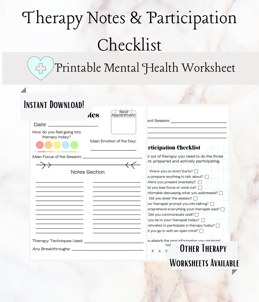 Therapy Notes and Participation Checklist (mental Health Therapy Aid ...