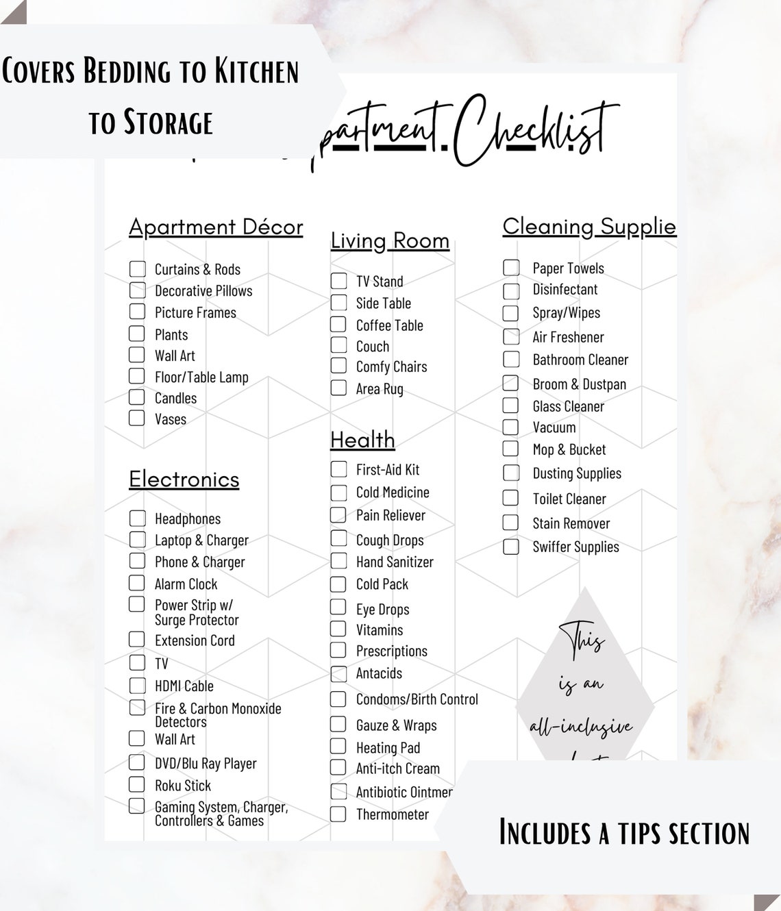 First Apartment Checklist extensive - Etsy