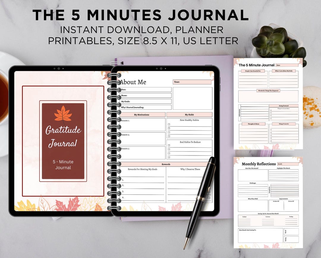 5 Minute Journal Self Reflection & Goal-setting Printable Planner ...