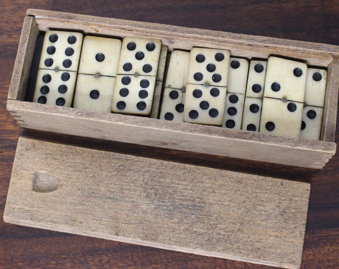 Antique Ebony & Bone Dominoes Set With Handmade Joined Wooden Box, Late ...