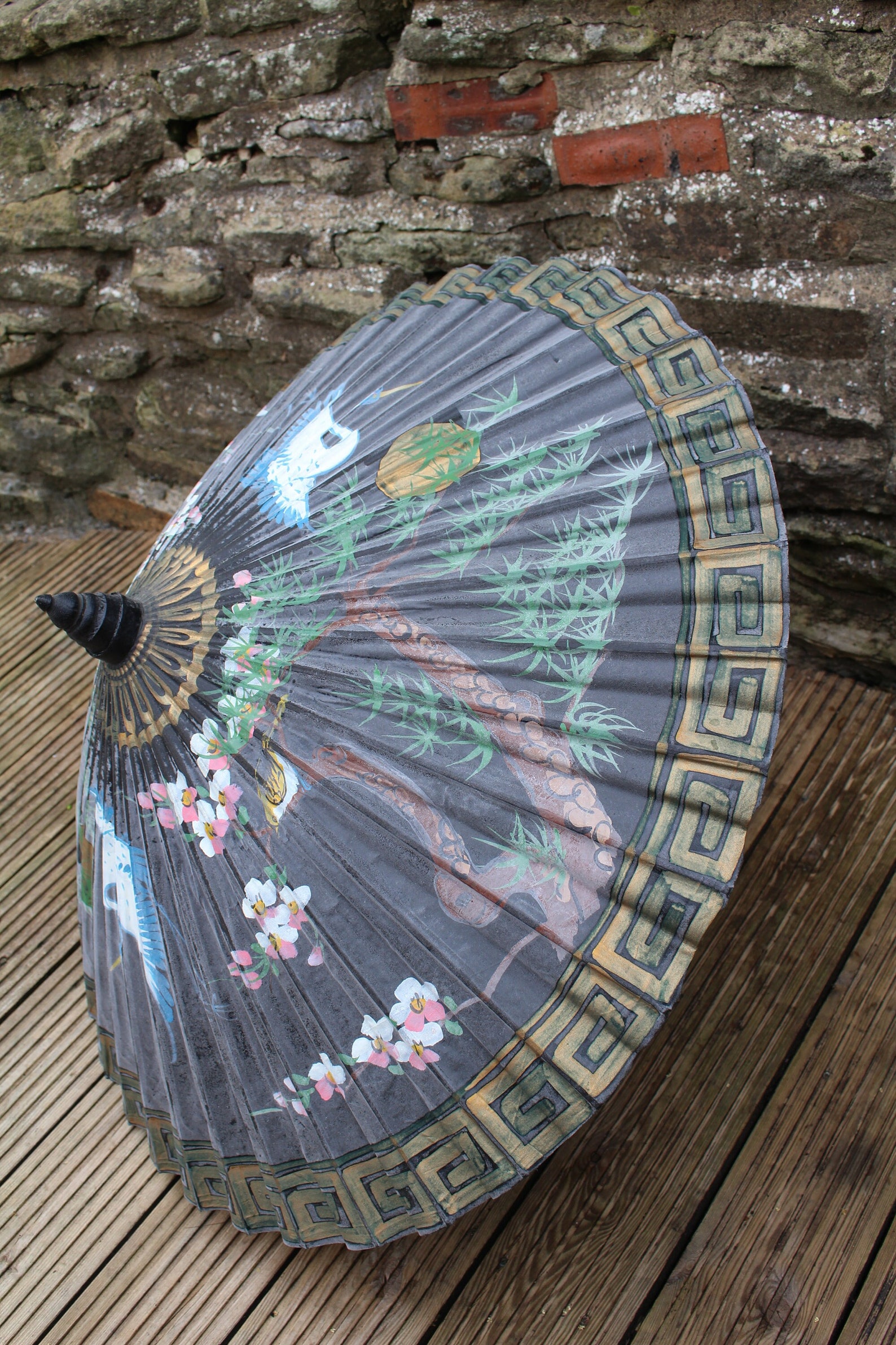 Vintage Japanese Hand-painted Parasol With Wooden Handle Beautiful ...