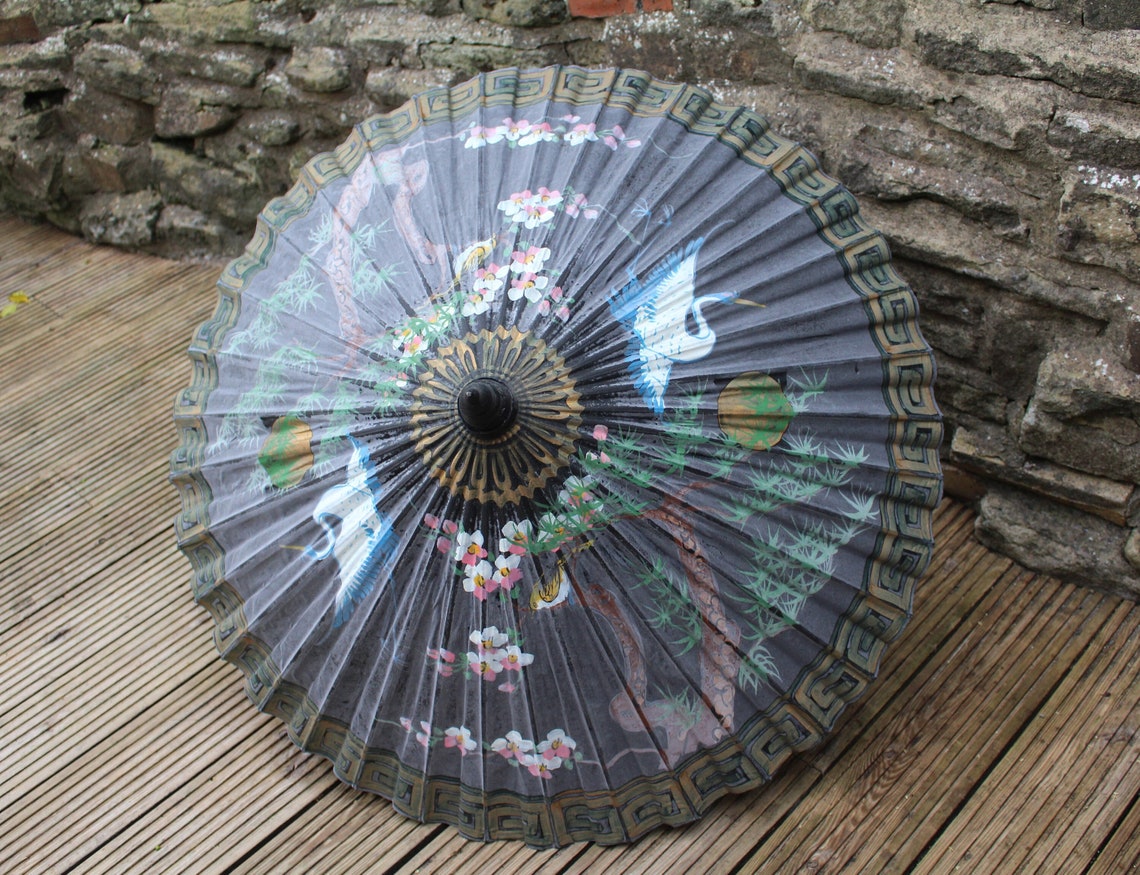 Vintage Japanese Hand-painted Parasol With Wooden Handle Beautiful ...
