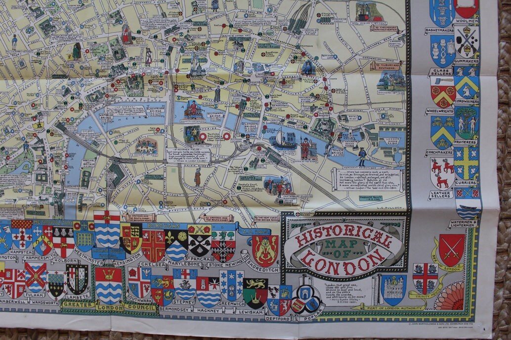 Bartholomews Historical Map of London Vintage 1960s Large Wall Map, 39 ...
