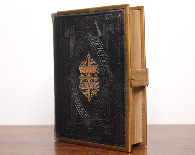 Antique Late Victorian Holy Bible With Tooled Leather Binding and Brass ...