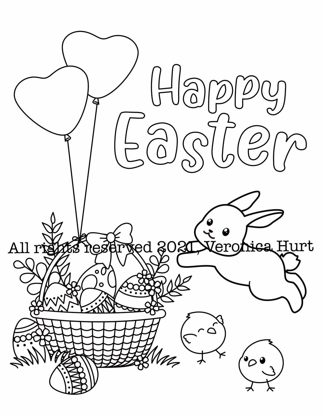 Easter Kawaii Coloring Page Featuring Easter Egg Basket, Chicks, and ...