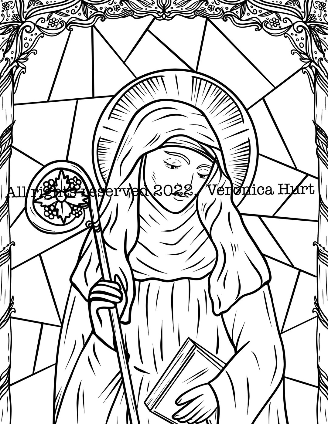 Saint Scholastica Catholic Coloring Page Stained Glass for Kids 6+ and ...