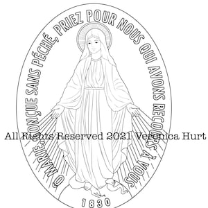 Catholic Miraculous Medal Mary Coloring Page - English, French, Spanish ...
