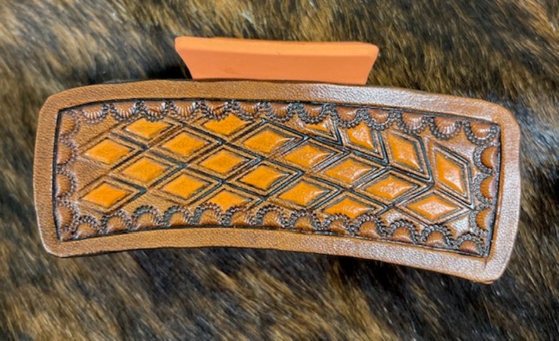 Custom Tooled Leather Claw Clips, Leather Hair Clips, Orange Hair Clip ...