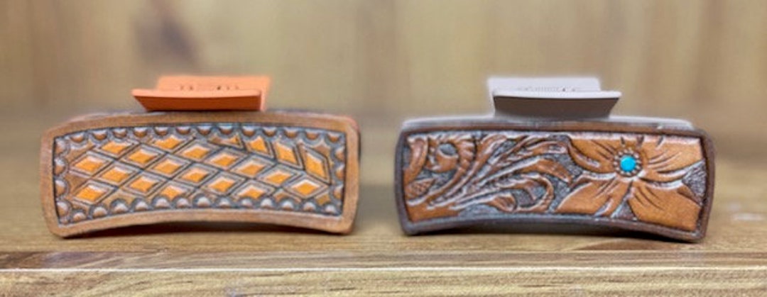 Custom Tooled Leather Claw Clips, Leather Hair Clips, Orange Hair Clip ...