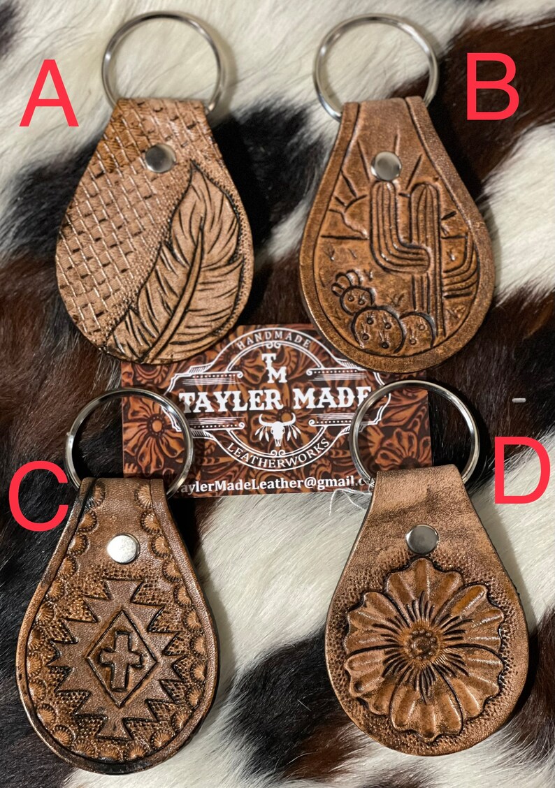 Custom Tooled Leather Keychains; Flower Keychain, Cactus Keychain ...