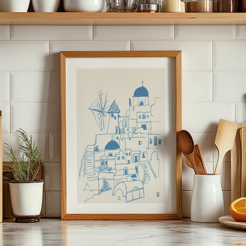 Santorini Greece Art Print: Minimalist Line Art, Greek Island Decor - Etsy