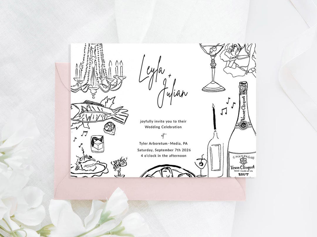 Invitation or Menu Border, Hand Drawn Illustrations for Wedding ...