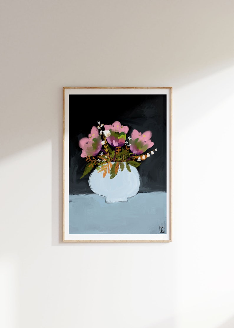 Floral Still Life Art Print: Pink Flowers in Vase, Botanical Wall Decor ...