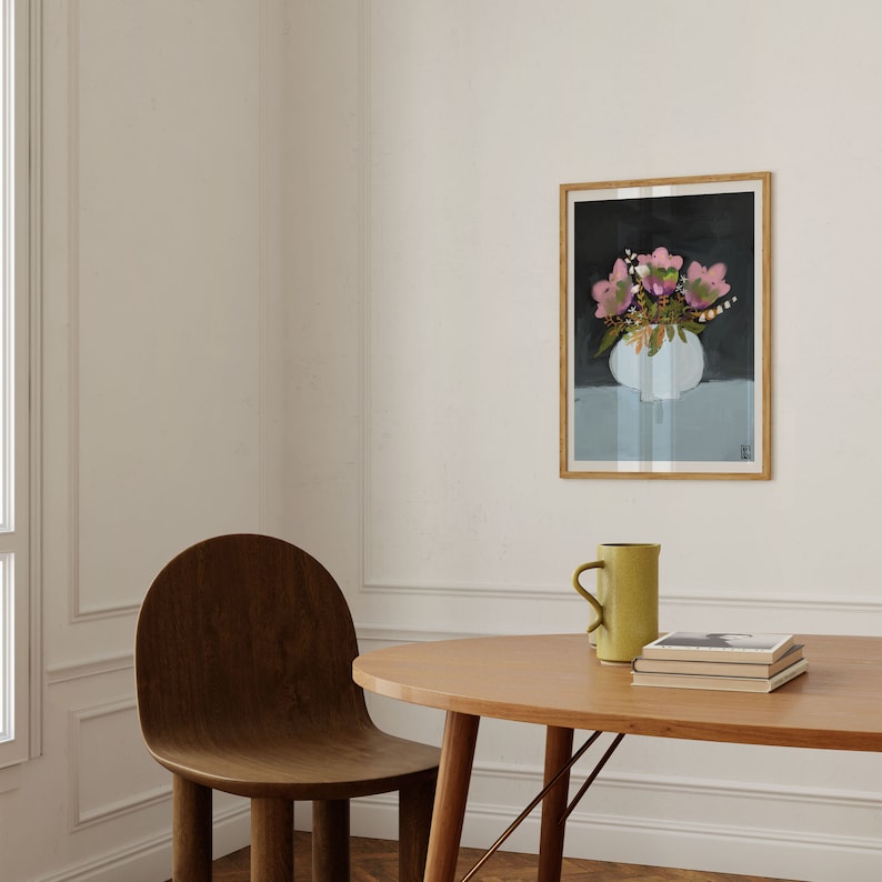 Floral Still Life Art Print: Pink Flowers in Vase, Botanical Wall Decor ...