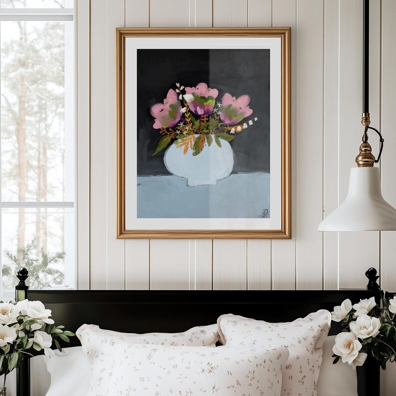 Floral Still Life Art Print: Pink Flowers in Vase, Botanical Wall Decor ...
