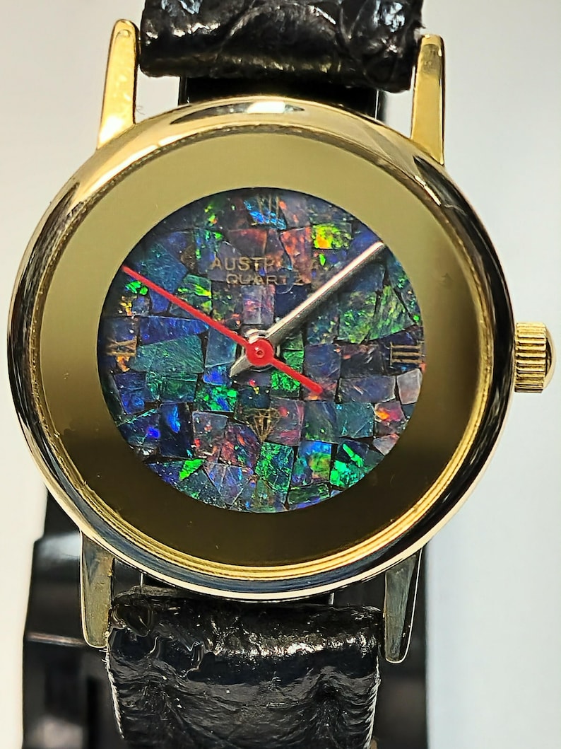 54181.0 - Vintage Australian Opal Watch: Gold Rim, Black Leather Strap ...