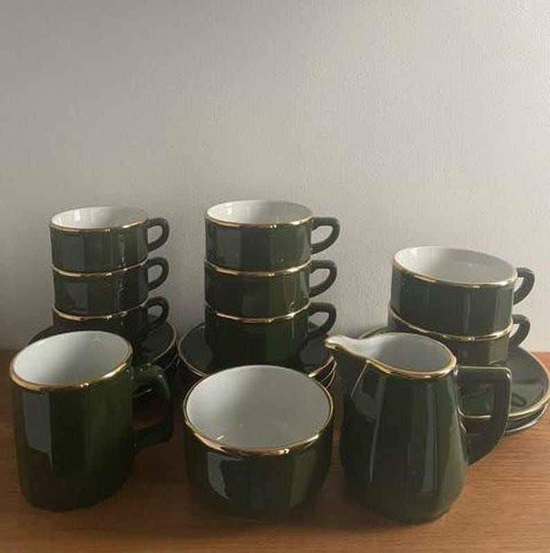 Green Apilco Ware | French Vintage Porcelain | Tea Coffee Cups and ...