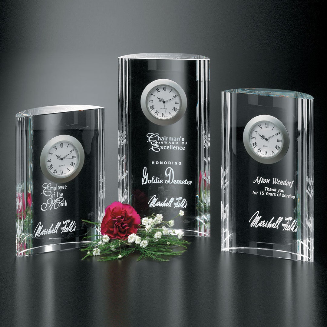 Greenwhich Crystal Clock Award | Custom Laser Etched & Engraved Glass ...
