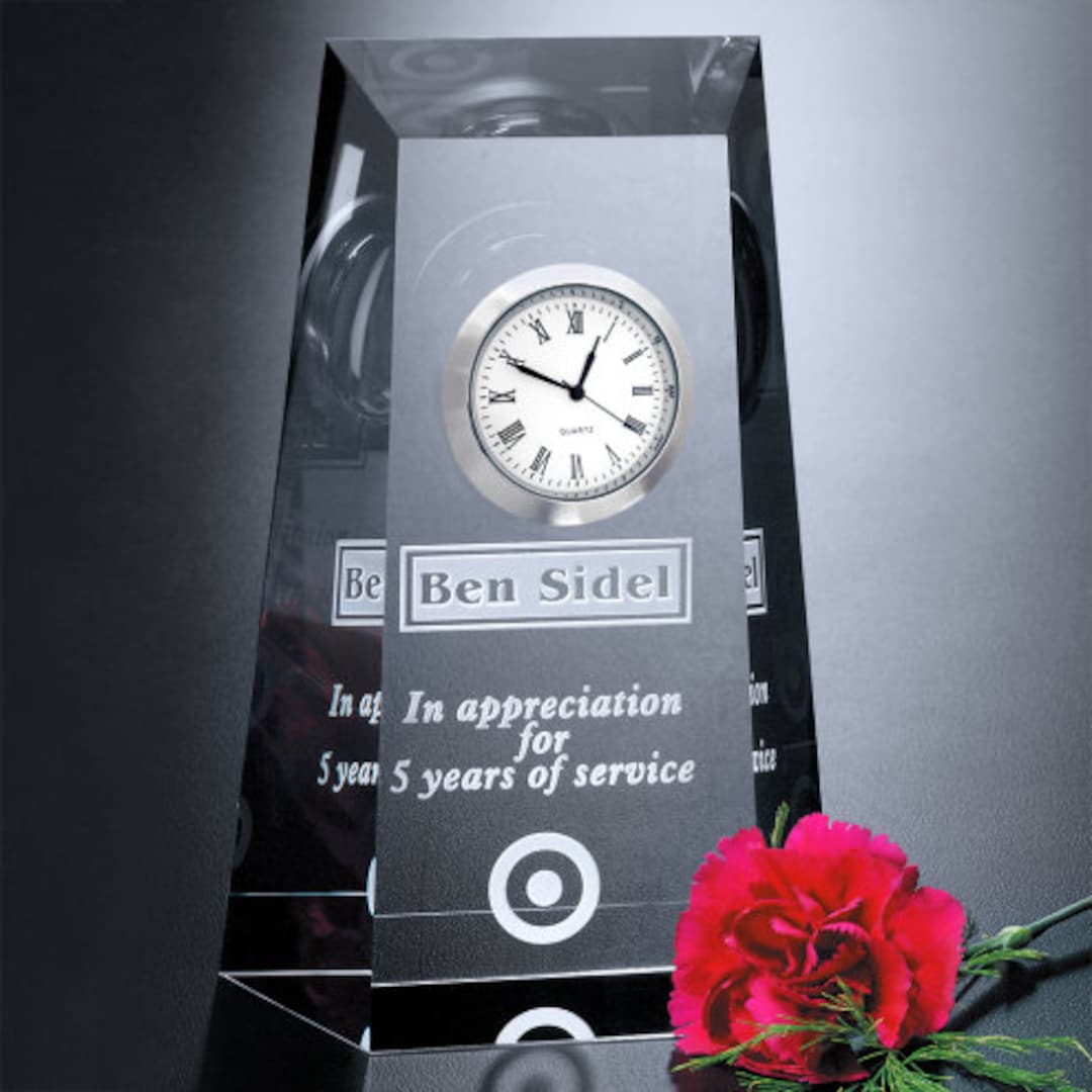 Westchester Crystal Clock Award | Custom Laser Etched & Engraved Glass ...