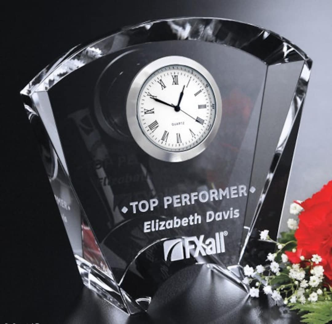 Fanfare Crystal Clock Award | Custom Laser Etched & Engraved Glass ...