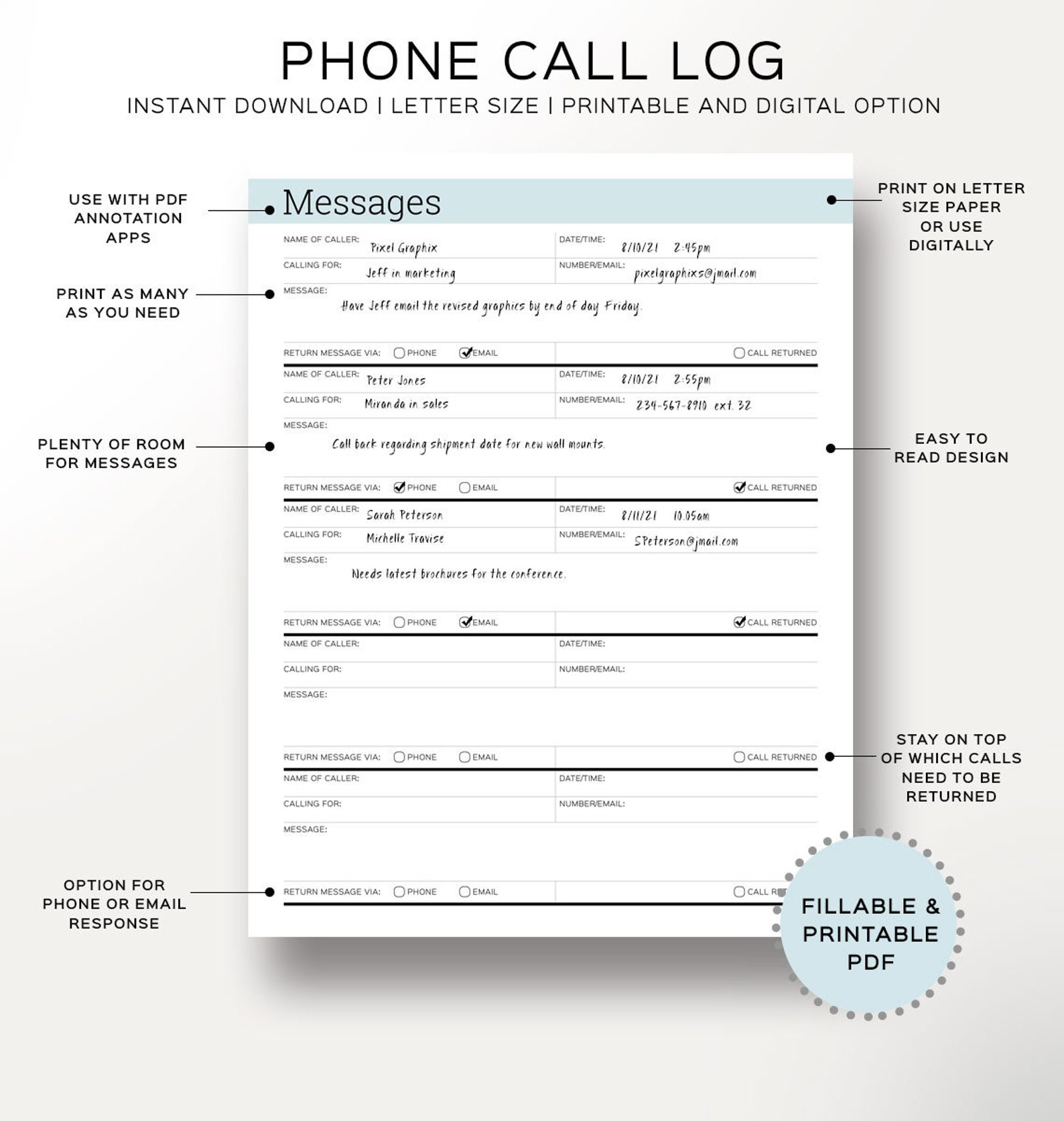 Daily Call Log to Jot Down Phone Messages. Organize Your Phone Calls ...