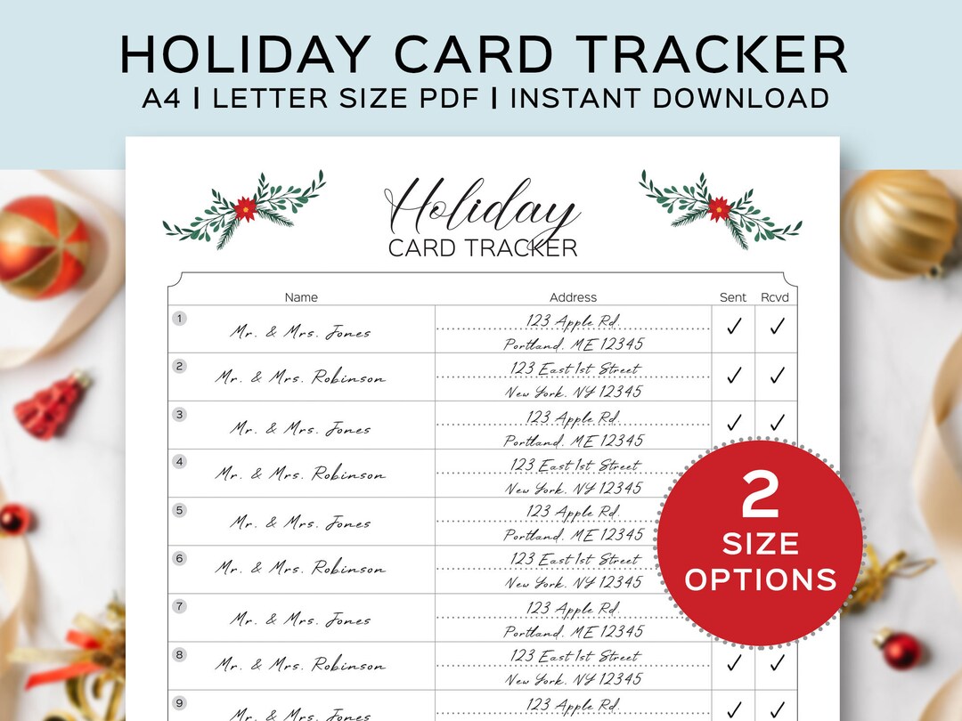 Holiday Card Tracker Printable Christmas Card Tracker Card - Etsy