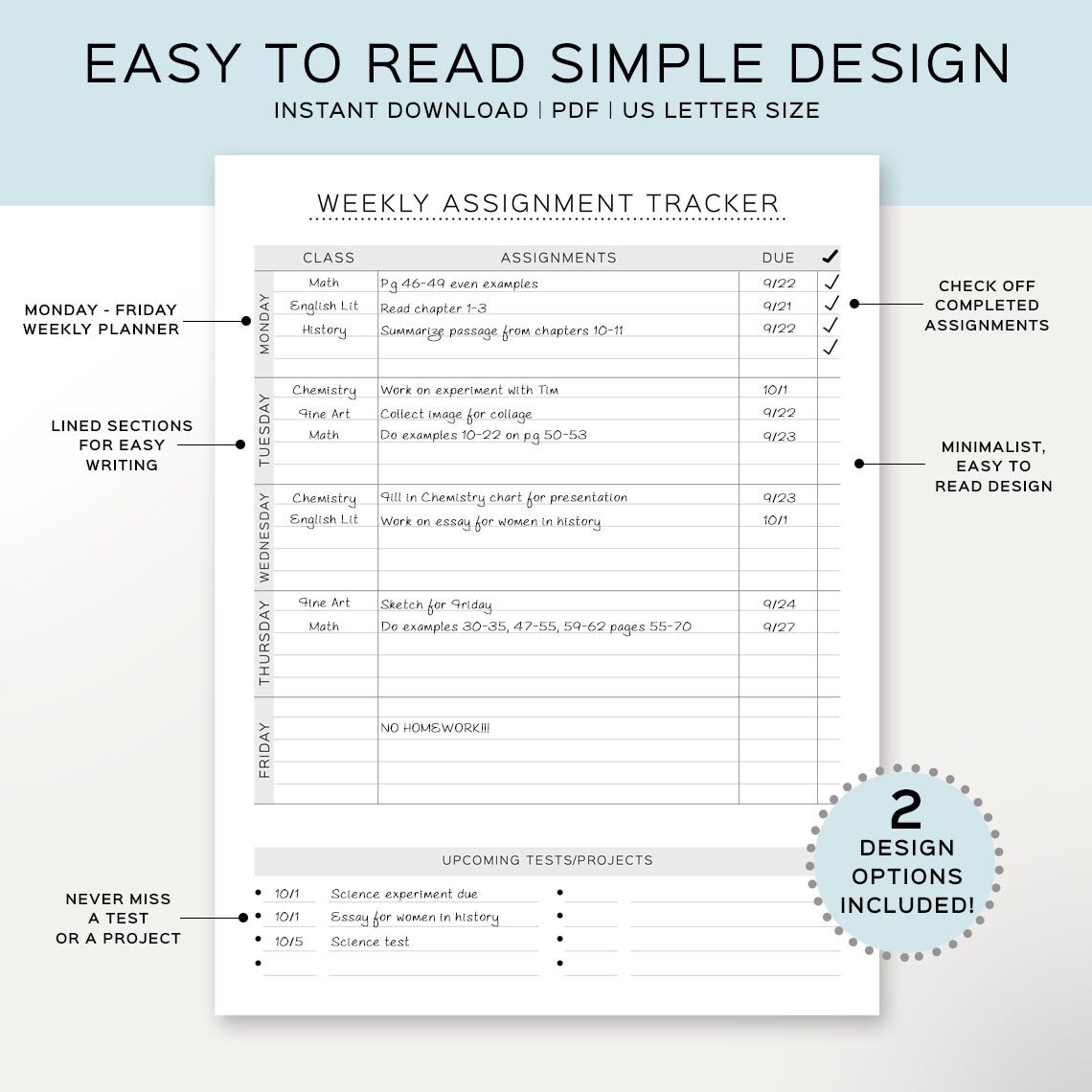 Printable Assignment Tracker, Weekly Homework Planner, Back to School ...