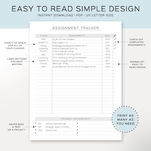Printable Assignment Tracker, Weekly Homework Planner, Back to School Printable, Assignment ...