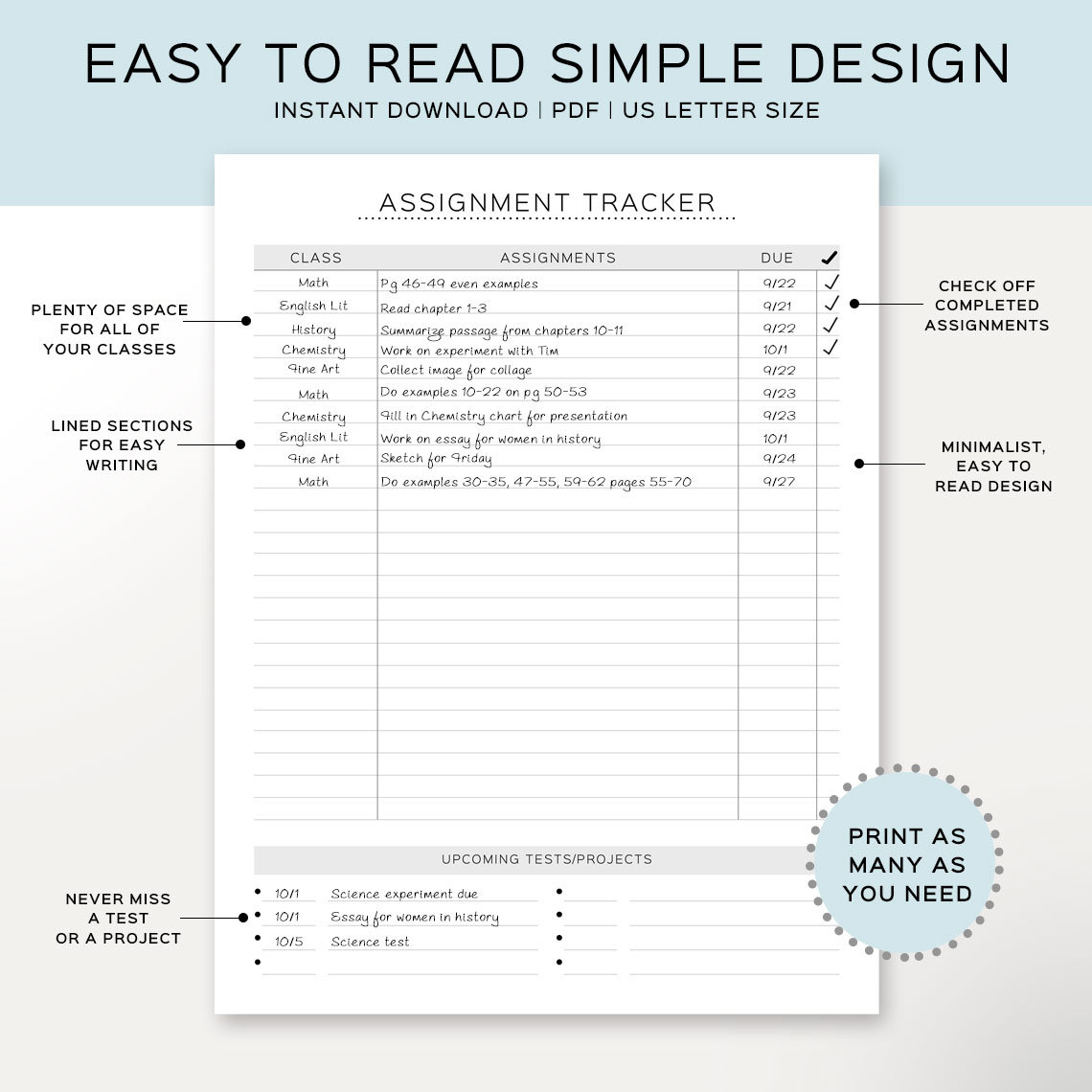 Printable Assignment Tracker, Weekly Homework Planner, Back to School ...