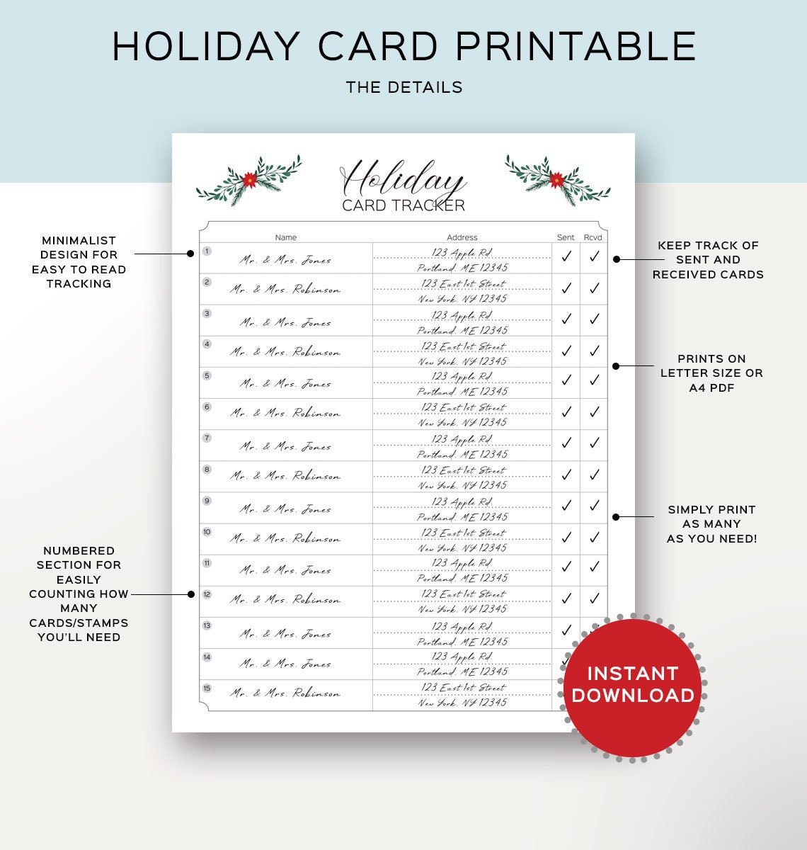 Holiday Card Tracker Printable Christmas Card Tracker Card - Etsy