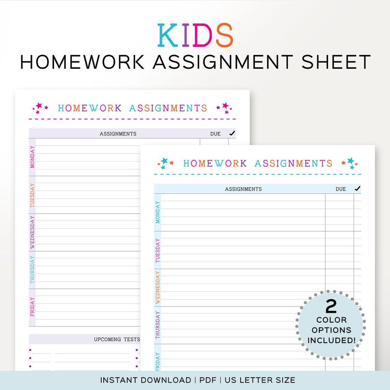 Printable Kids Homework Assignment, Kids Schedule, Homework Tracker ...