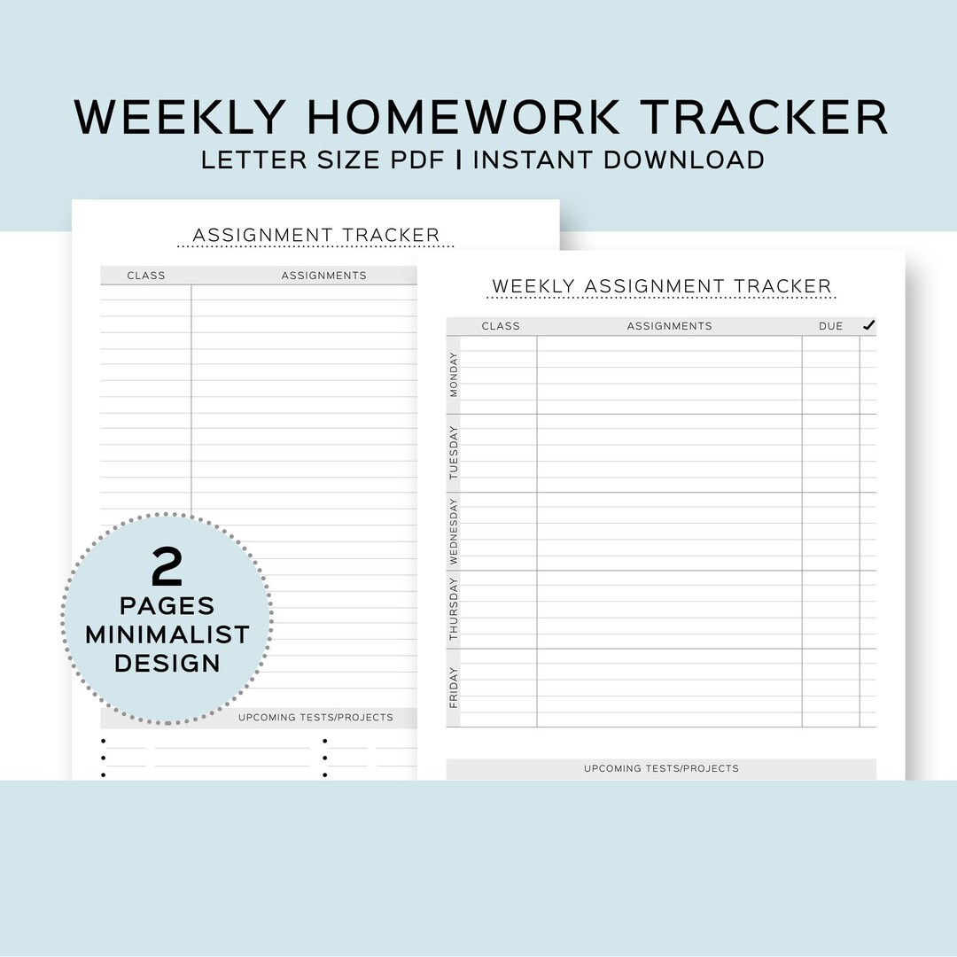 Printable Assignment Tracker, Weekly Homework Planner, Back to School ...