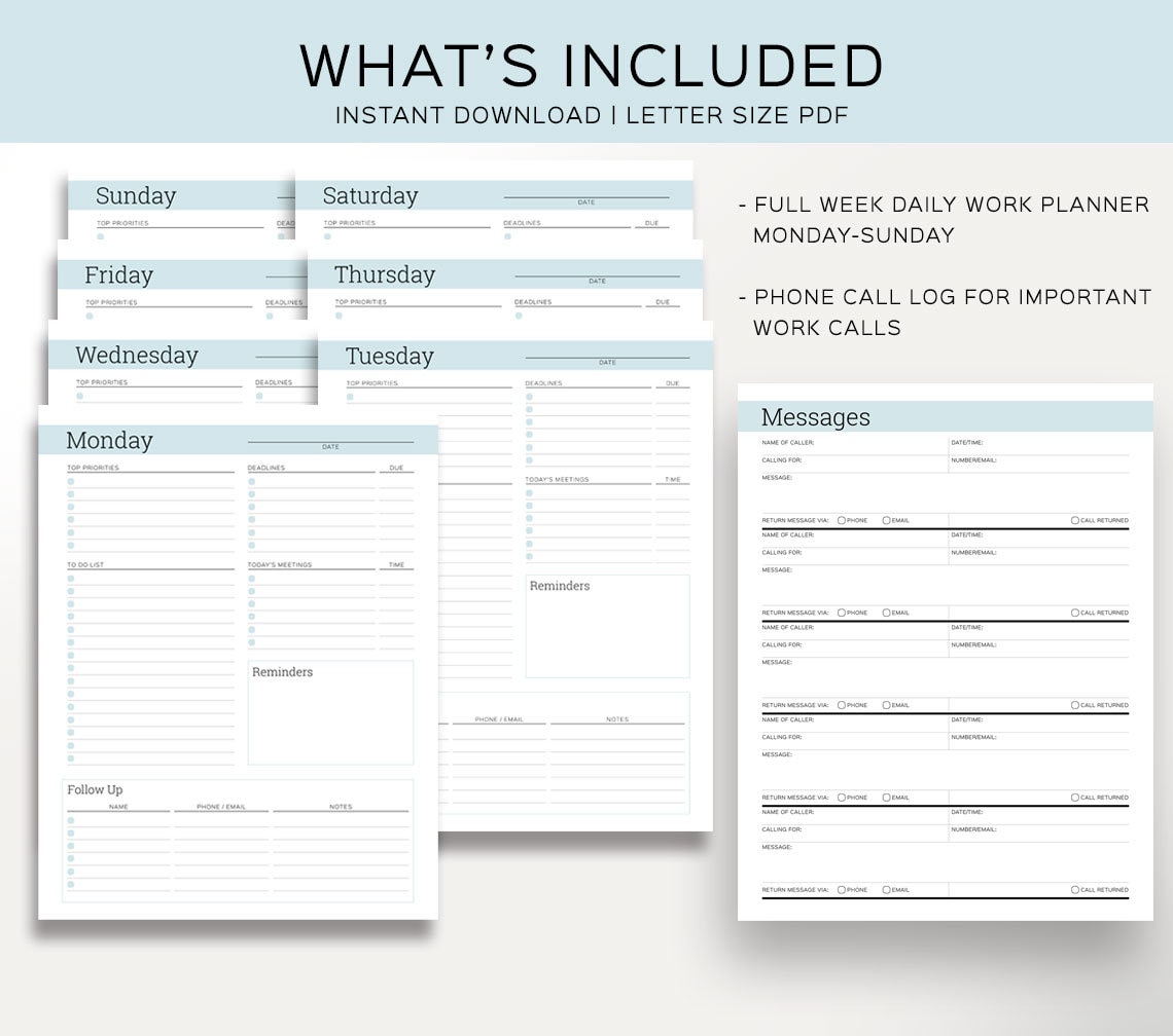 Printable Work Planner Bundle - Includes Daily Work Schedule & Phone ...