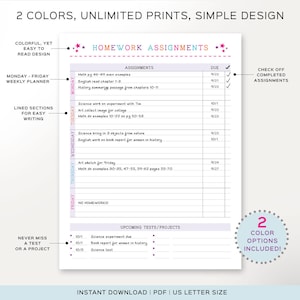 Printable Kids Homework Assignment, Kids Schedule, Homework Tracker ...