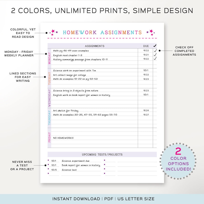 Printable Kids Homework Assignment, Kids Schedule, Homework Tracker ...