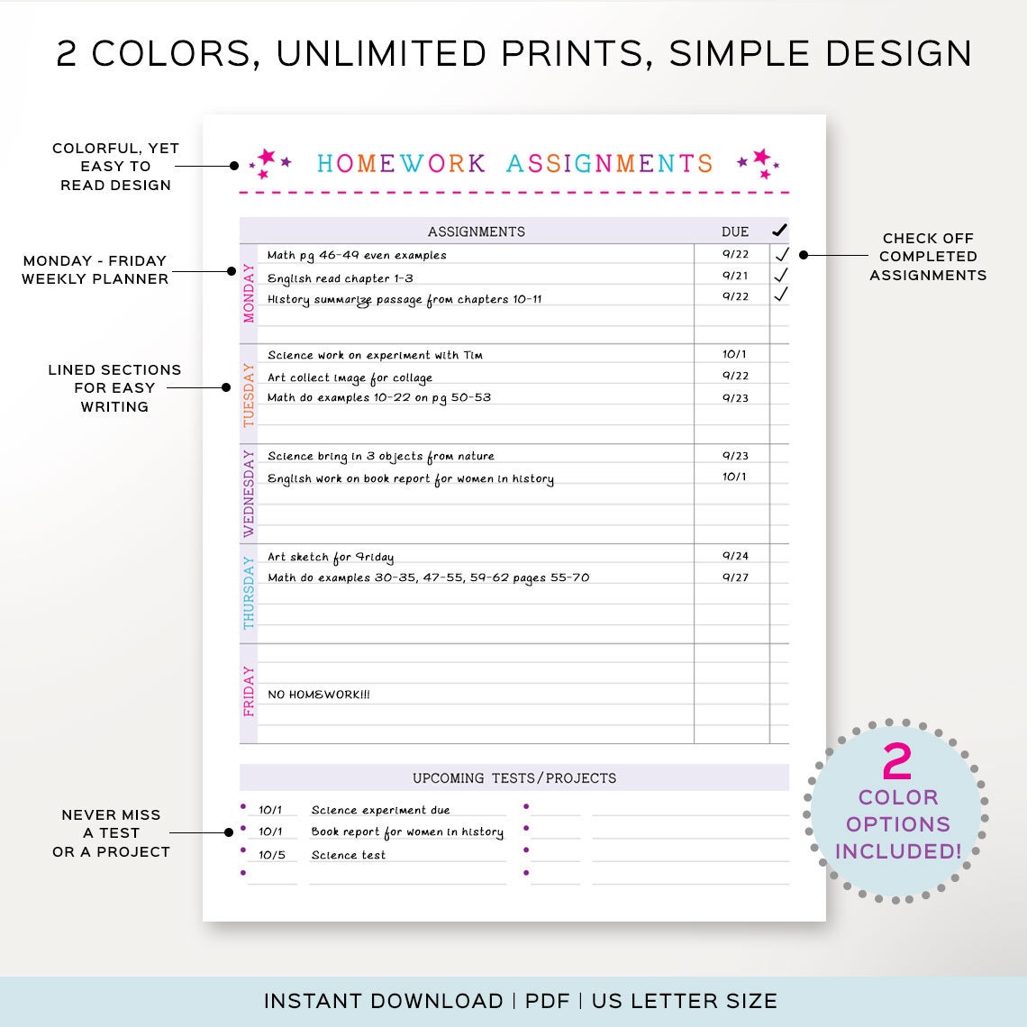 Printable Kids Homework Assignment, Kids Schedule, Homework Tracker ...