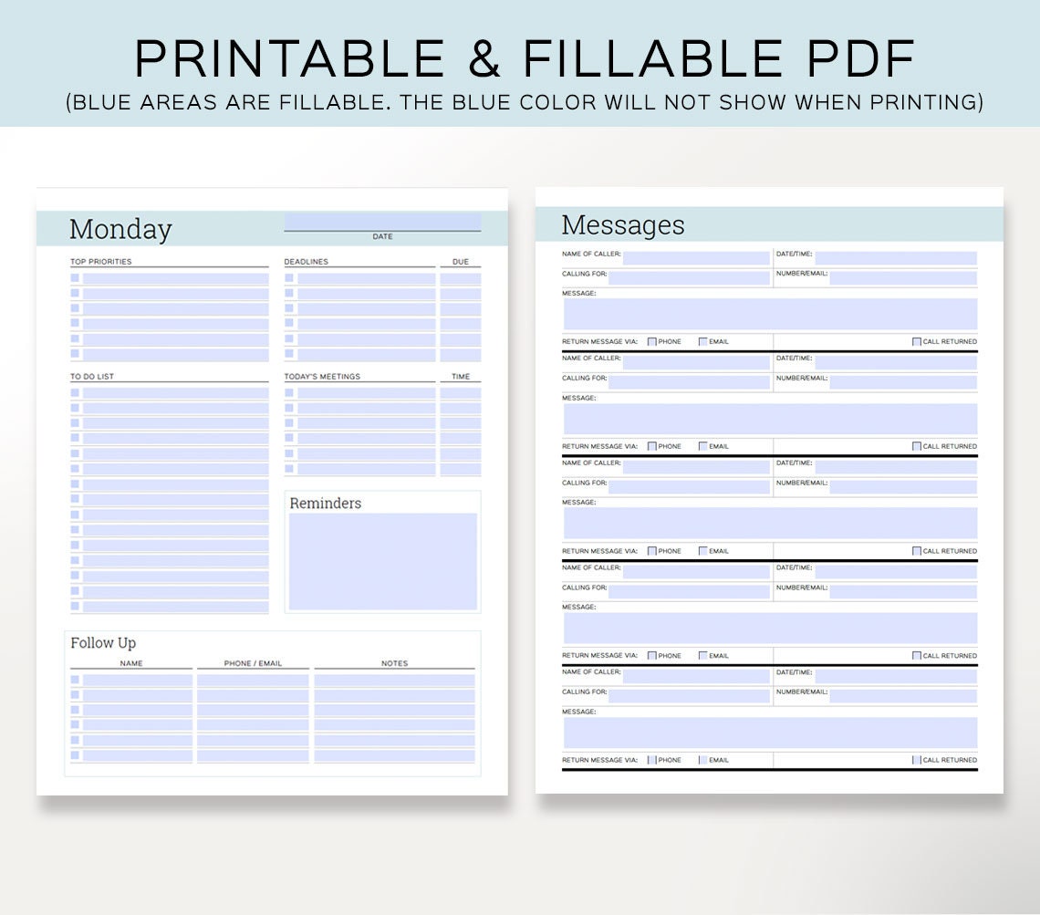 Printable Work Planner Bundle - Includes Daily Work Schedule & Phone ...